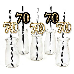 Adult 70th Birthday - Gold - Paper Straw Decor - Birthday Party Striped Decorative Straws - Set of 24