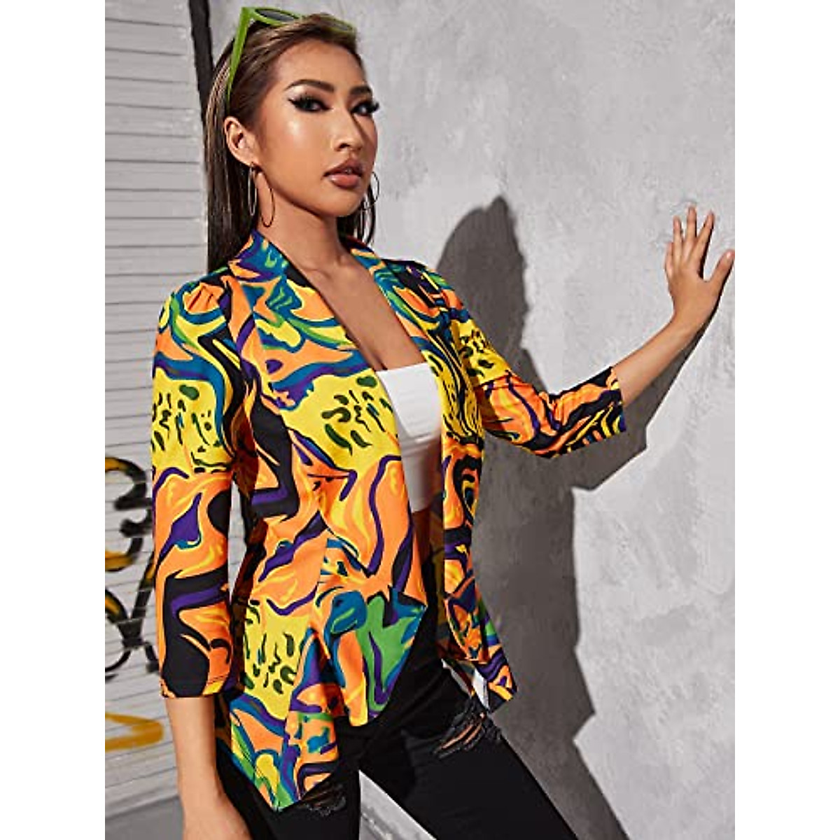 WDIRARA Women's Printed Open Front 3/4 Sleeve Blazer Ruffle Jacket Outerwear Printed Yellow L