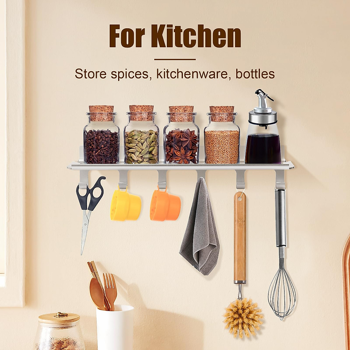 AOQIYU Floating Shelf with Hooks, Portable Storage Shelves for Bathroom, Kitchen, Living Room & Bedroom, Adhesive Small Wall Shelves, Bathroom Shower Organizer(Silver, W4.3xL13)