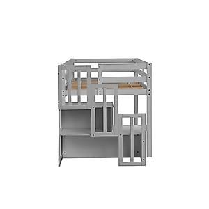 Bellemave Low Loft Bed with Stairs Twin Loft Bed with Storage Wood Bed Frame for Kids Teens Girls Boys, Gray