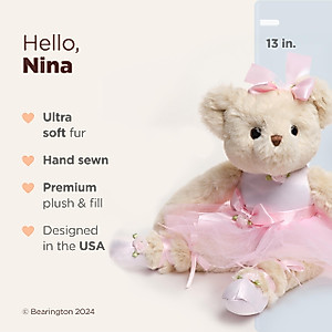 Bearington Collection Nina Ballerina 13 Inch Pink Stuffed Animals - Ballerina Doll - Ballerina Toys