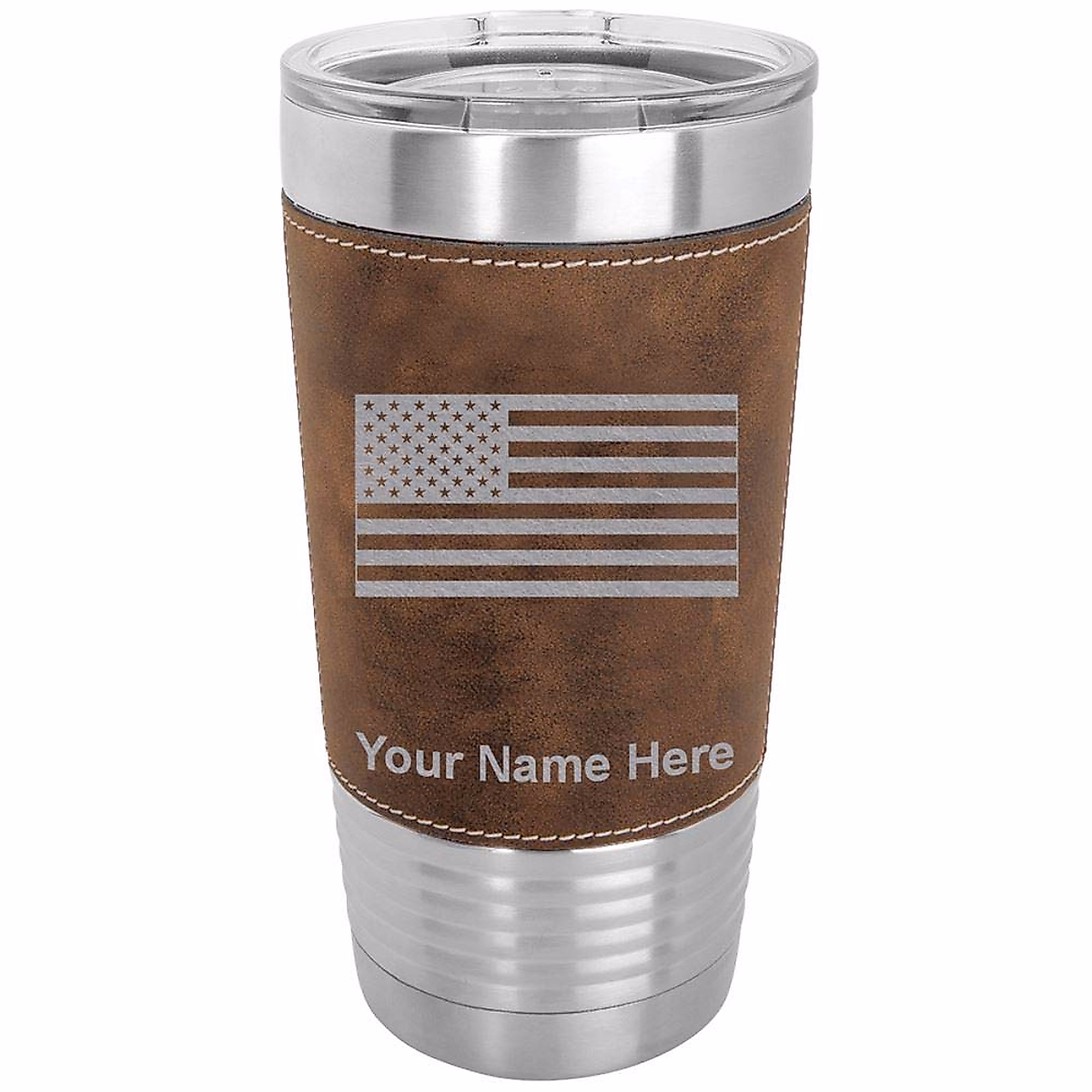 LaserGram 20oz Vacuum Insulated Tumbler Mug, Flag of the United States, Personalized Engraving Included (Faux Leather, Rustic)