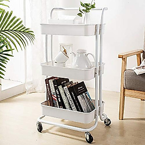 CLIPOP 3-Tier Rolling Utility Cart with Ergonomic Handle & Lockable Mute Wheels, Multifunctional Metal Organizer Storage Trolley Service Cart for Kitchen Living Room Office (White)