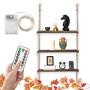 3-Tier Macrame Hanging Shelf for Wall Decor, Wooden Lighted Hanging Shelves with Fall Artificial Maple Leaves Boho Room Decor Aesthetic Wall Storage Floating Shelves for Bedroom Living Room Farmhouse