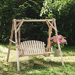 Swing and Swing Frame Combination Porch Swing with Stand Log Swing Stand 67 Inch Wooden Porch Swing A-Frame Backyard Swing Chair Outdoor Rustic Curved Garden Swing Bench, Nature