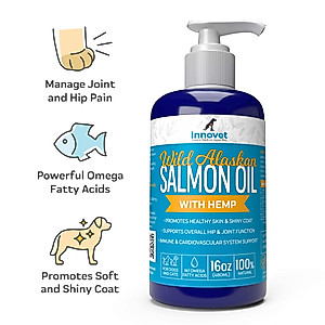 Innovet Pet Products Wild Alaskan Salmon Oil With Hemp Oil for Dogs & Cats–16oz Omega 3 6 Fish Oil Supplement, Supports Hip & Joint Function Natural EPA & DHA Fatty Acids for Shiny Coat & Healthy Skin