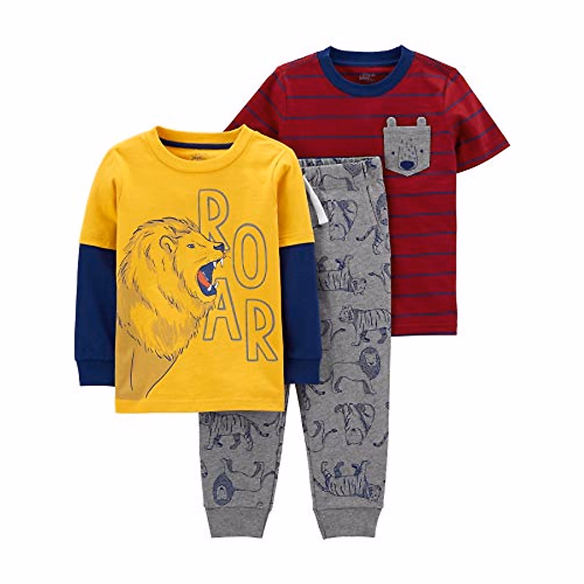 Simple Joys By Carter's Baby Boys 3-piece Playwear Pants Set, Grey Bear/Maroon Stripe/Yellow Lion, 18 Months US