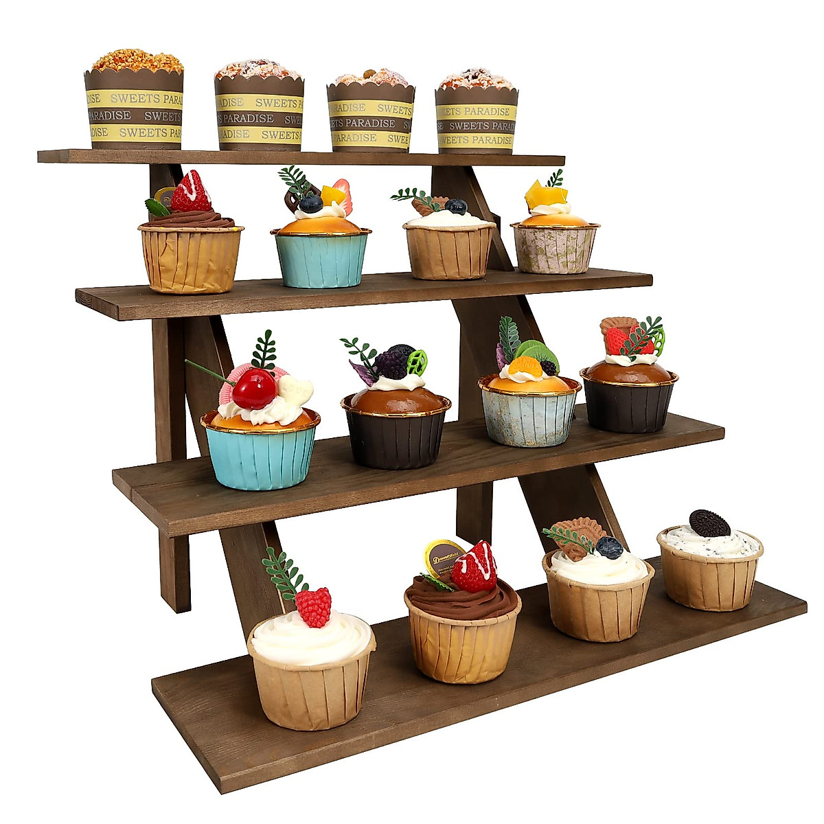 ZYP 4 Tier Wood Cupcake Display Stand Tool Free Retail Cookie Display Riser,Rustic Tiered Table Display Stand for Vendors Home Wedding Party,Brown
