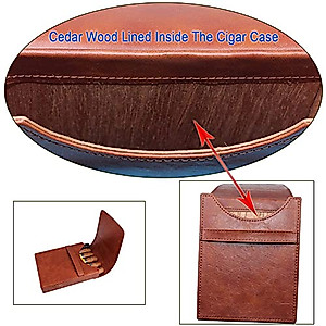 AMANCY Portable Multi-Function Brown Leather Cedar Wood Lined 5 Holder Cigar Case, Cigar Organizer Humidor with Cutter and Lighter,Great Gift for Cigar Lovers