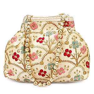 Indian Ethnic Designer Embroidered Silk Potli Bag Batwa Pearls Handle Purse (Golden nd Purple)