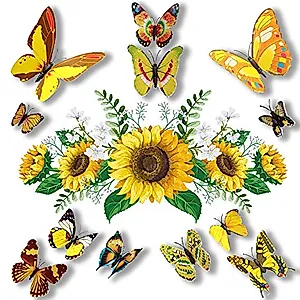Sunflowers Wall Decal with 12 PCS 3D Colorful Butterfly Wall Stickers for Nursery Bedroom Bathroom Kitchen, Removable Yellow Flower Mural DIY Wall Art Decor Home Decorations for Living Room