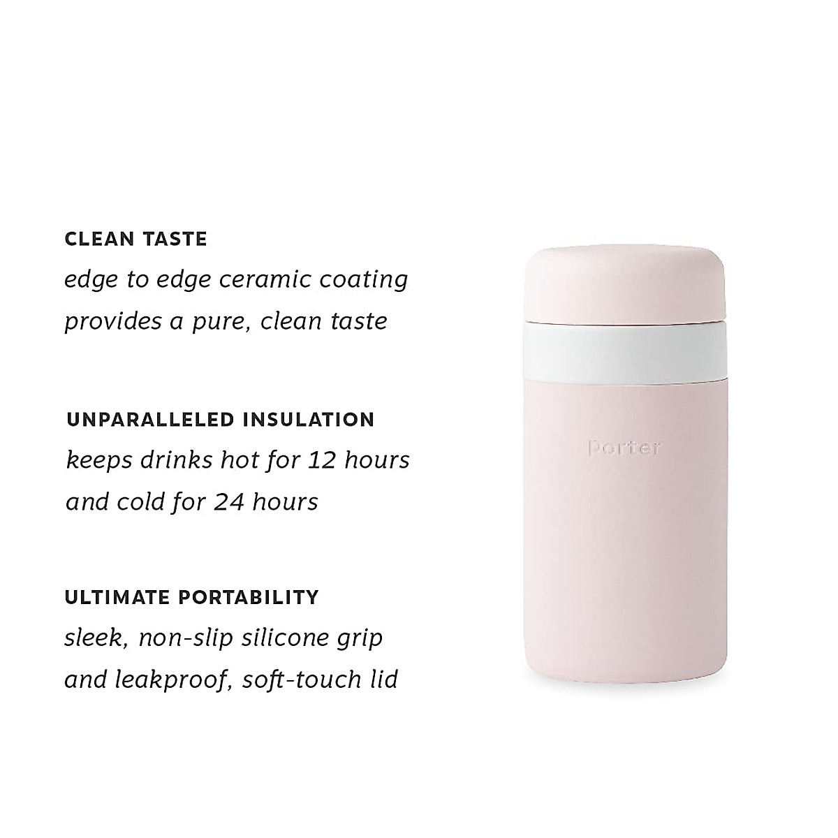 W&P Porter Insulated Bottle 12 oz | Clean Taste Ceramic Coating for Water, Coffee, & Tea | Wide Mouth Vacuum Insulated | Dishwasher Safe, Blush