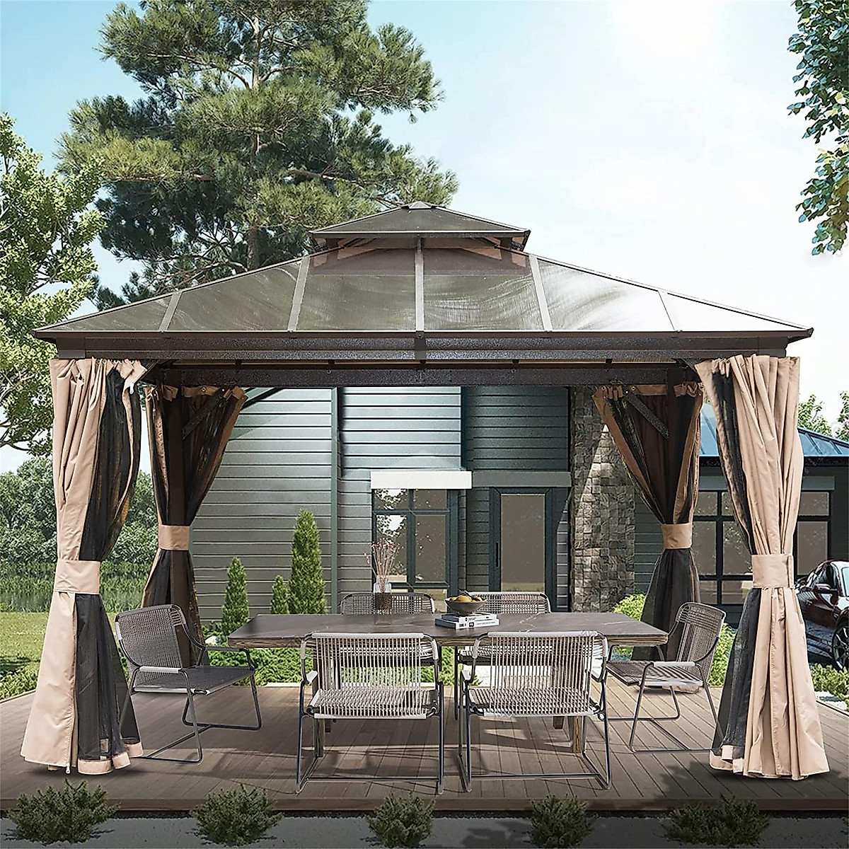 12'x12' Hardtop Gazebo, Permanent Outdoor Gazebo with Polycarbonate Double Roof, Aluminum Gazebo Pavilion with Curtain and Net for Garden, Patio, Lawns, Deck, Backyard(Brown)