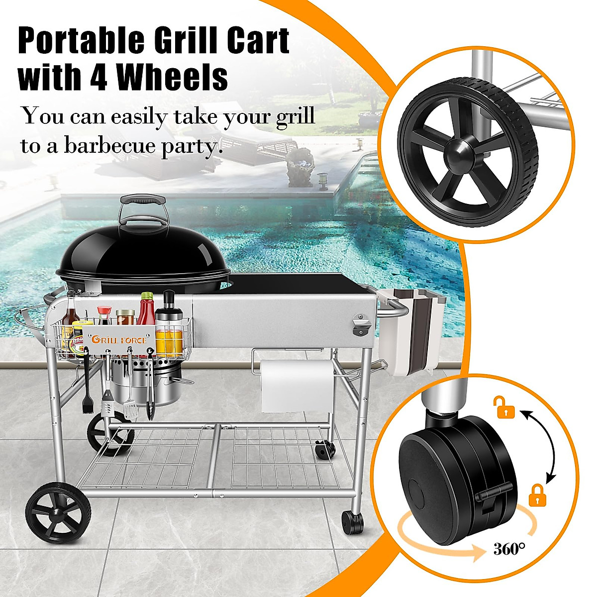 GRILL FORCE Grill Table for Weber 18" & 22" Original Kettle,Kettle Grill Cart,Outdoor Prep Table for Weber Original Kettle,Jumbo Joe,Master-Touch Charcoal Grill,Performer Charcoal Grill Accessories