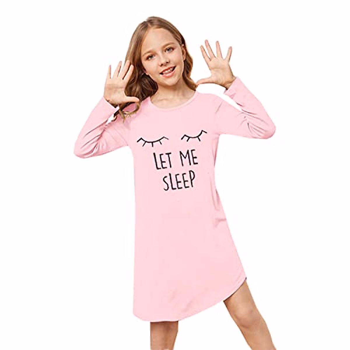 SrffbreMeOly Big Girls Cute Nightgown Long Sleeve Cotton Nightdress Loose Sleepwear Teens Size 10-18Years