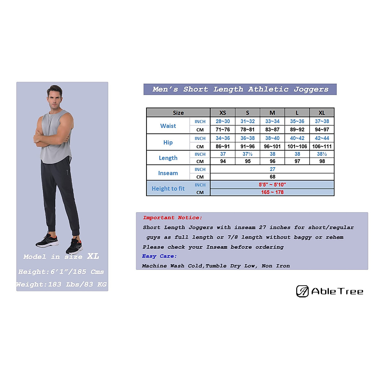 AbleTree 27" Inseam Athletic Jogger Pants for Short Men 7/8 Quick Dry Workout Tapered Stretch Sweatpants Casual