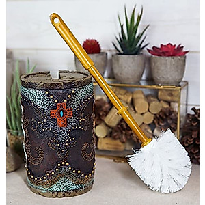 Ebros Gift Rustic Vintage Western Turquoise Faux Tooled Leather Triple Horseshoes and Cross Cowboy Toilet Bowl Cleaner Brush and Base Holder Set Bathroom Vanity Powder Room Office Accessory