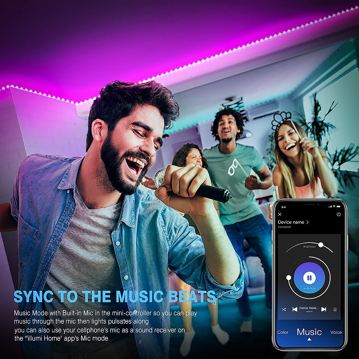 Nexillumi 50Ft LED Strip Lights Phone App Control with IR Remote Built-in Mic Music Sync LED Lights for Bedroom, Dorm Room, Home Decoration (50Ft APP+ Remote+ Mic Control)