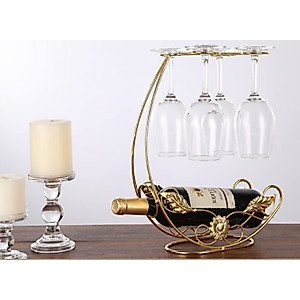 Homya Tabletop Wine Rack, Metal Fine Forged Wine Glass Holder, Kitchen Bar Wine Glass Display Holder, Holds 1 Wine Bottle and 4 Wine Glasses, Table Wine Bottle Accessories, Gold