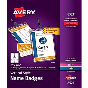Avery Customizable Name Badges, 6" x 4.25", Printable Name Tag Inserts with Tickets, 75 Vertical Name Tag Holders with Lanyards (8521)
