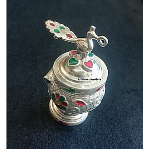 shree jewellers SJ Pure Silver Designer Meenakari Sindoor Dabbi with Peacock Design Lid, Pooja Items for Home, KumKum Round Box Spiritual Gift Item ~ Small Size 5.2 x 3 cm