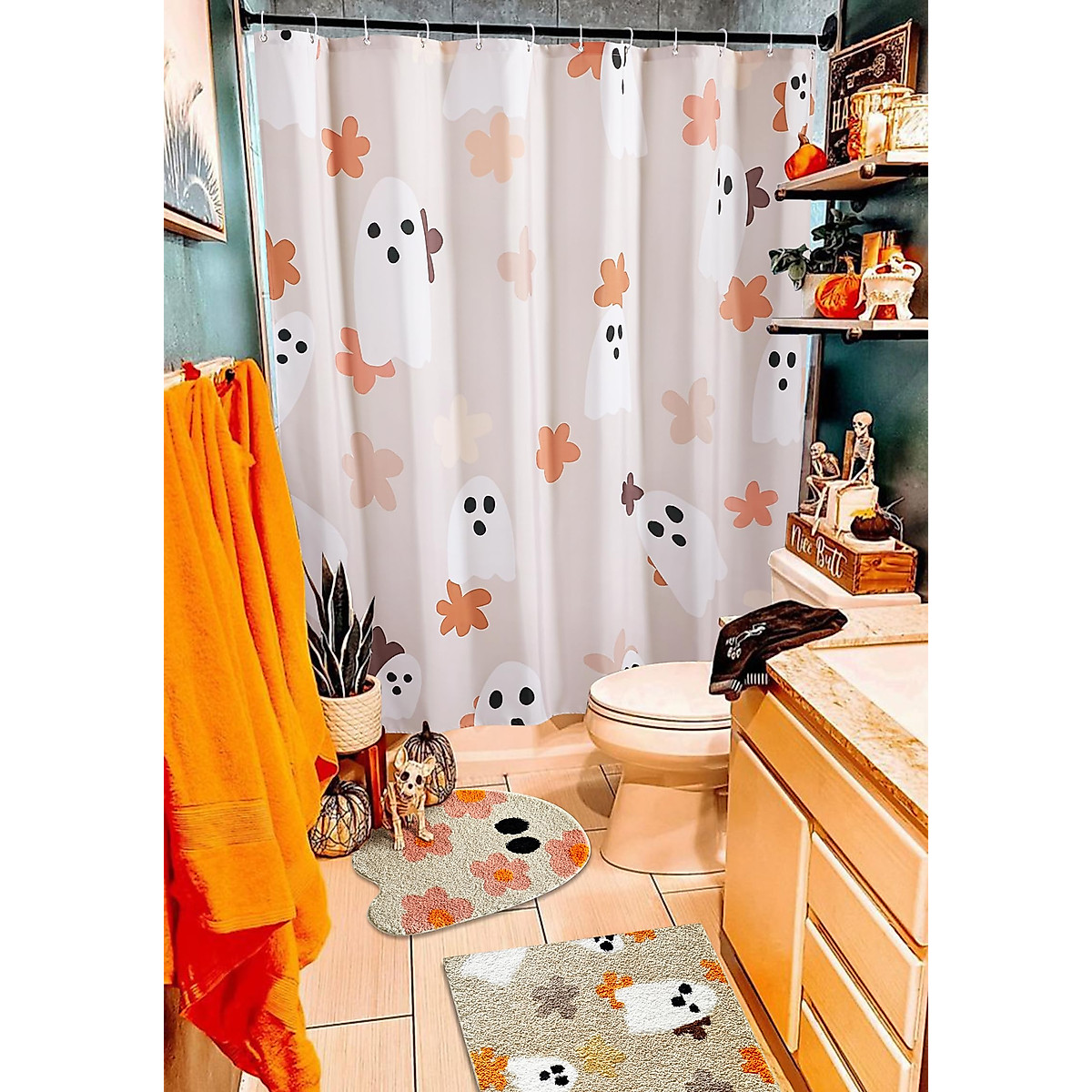 Ouyattle Cute Spooky Halloween Rug 2x3 - Aesthetic Boho Floral Ghost Halloween Bathroom Rugs Funky Gothic Microfiber Bath Mat Non-Slip Washable, Vintage Abstract Spirit Halloween Small Throw Rugs