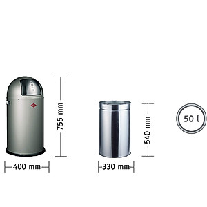 Wesco Pushboy - German Made - Push Door Trash Can, Powder Coated Steel, 13.2 Gallon / 50L , Black