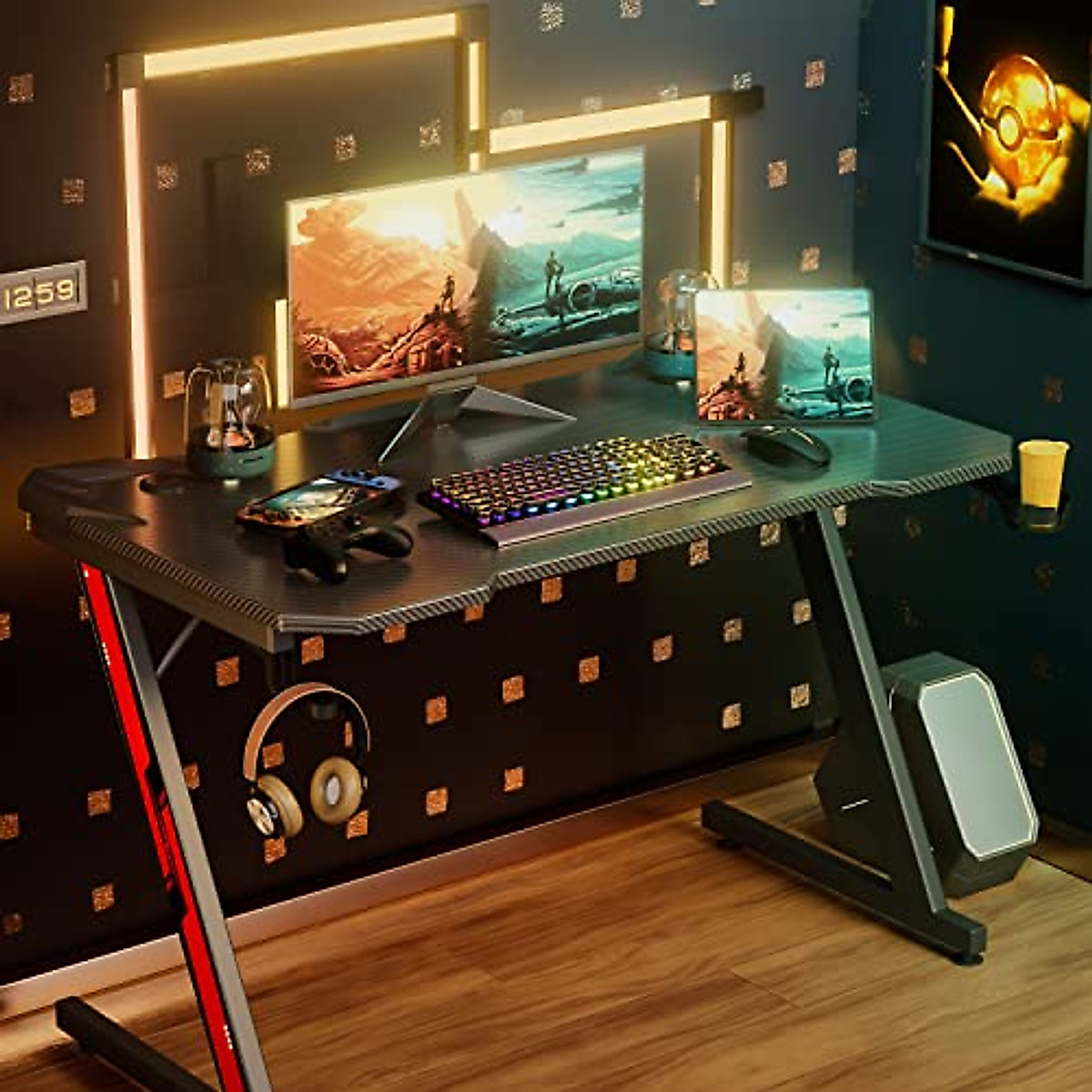 Homall Gaming Desk, Computer and Gaming Table Z Shaped for Pc, Workstation, Home, Office with Carbon Fiber Surface Cup Holder and Headphone Hook (44 inch, Black)