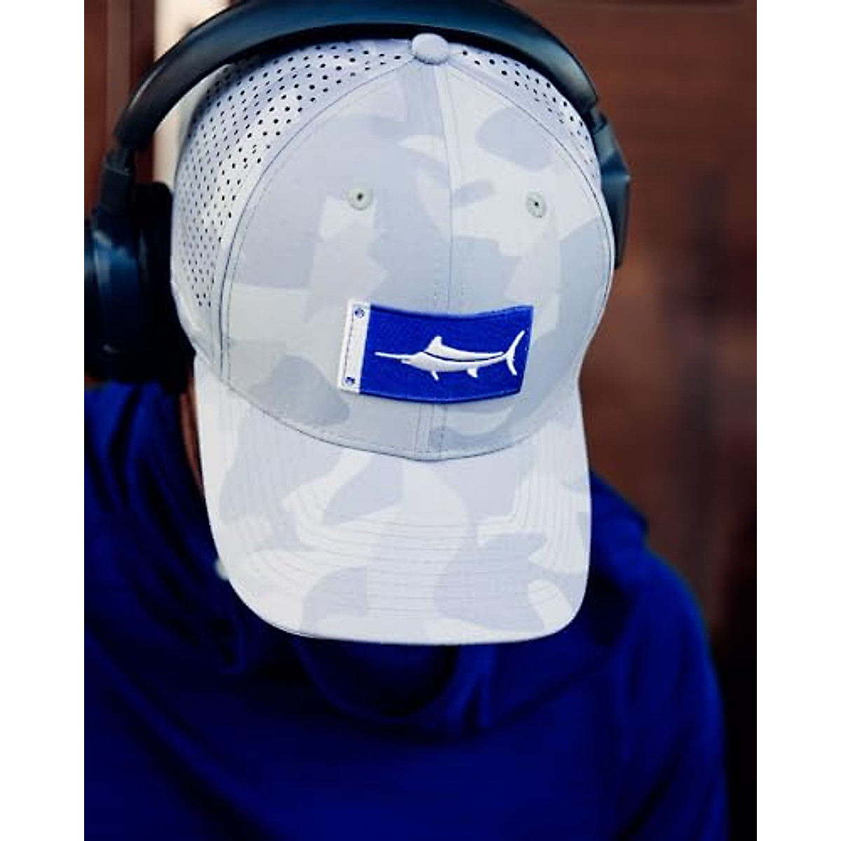 Billfish Gear White Marlin Flag Hat Lightweight Performance Headwear for Big Game Offshore Fishing, Gray Camo