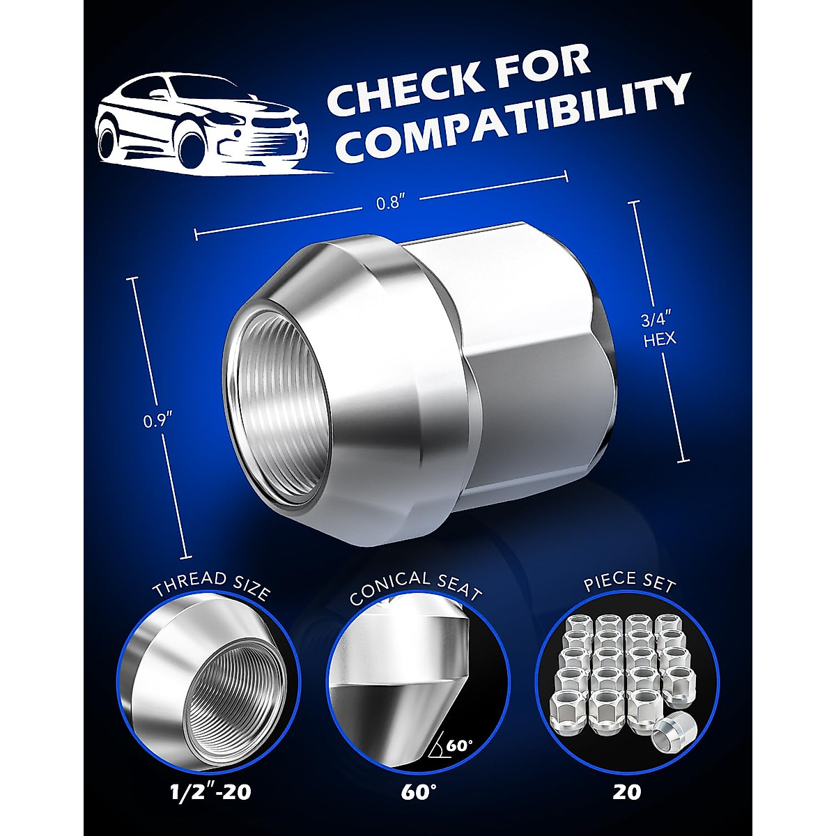 Orion Motor Tech 1/2"-20 Open End Lug Nuts, 3/4" 19mm Hex 0.84x0.9 in. Chrome Plated Wheel Lug Nuts Compatible with Dodge Dakota Ramcharger Ford Bronco Explorer F-150 Jeep Wrangler, Set of 20