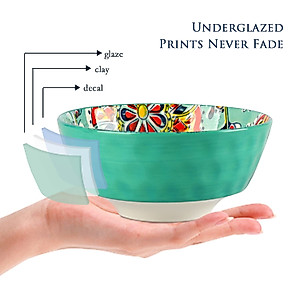 HSOFBLUES Soup Bowls 24 oz Ceramic Floral Bowl Set of 4 for Soup Salad Ramen Rice, Assorted Vibrant Colors Microwave Dishwasher Safe