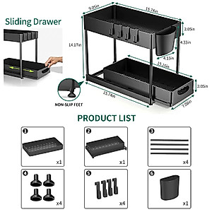 Under Sink Organizer and Storage, 2 Tier Pull Out Bathroom Cabinet Organizer, Bathroom Organizer Under Sink Basket with Hooks and Hanging Cups, Kitchen Bathroom Multipurpose Storage Rack(Black, 2)