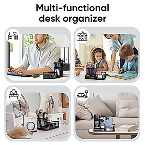 deli Mesh Desk Organizer Office Supplies Caddy with Pencil Holder and Storage Baskets for Desktop Accessories, 3 Compartments, Black