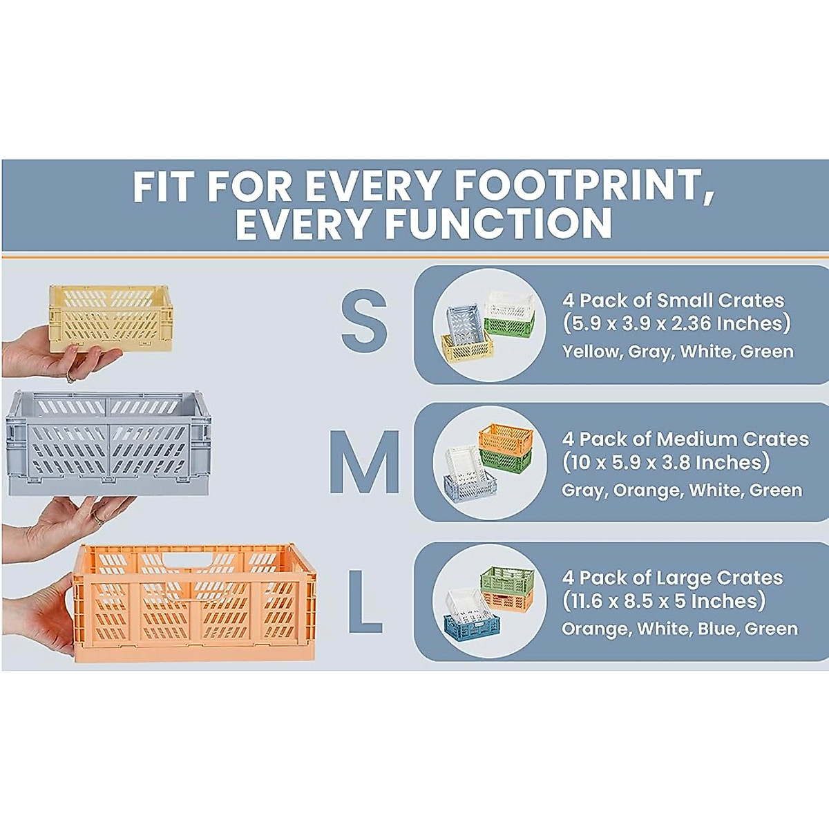 Plastic Crates for Storage Stackable – Set of 4 Collapsible Crates for Groceries, Books, Toys, Clothes, Makeup & More – Sleek Folding Pastel Crates for Organizing – Medium, 5.9" x 10" x 1.02"