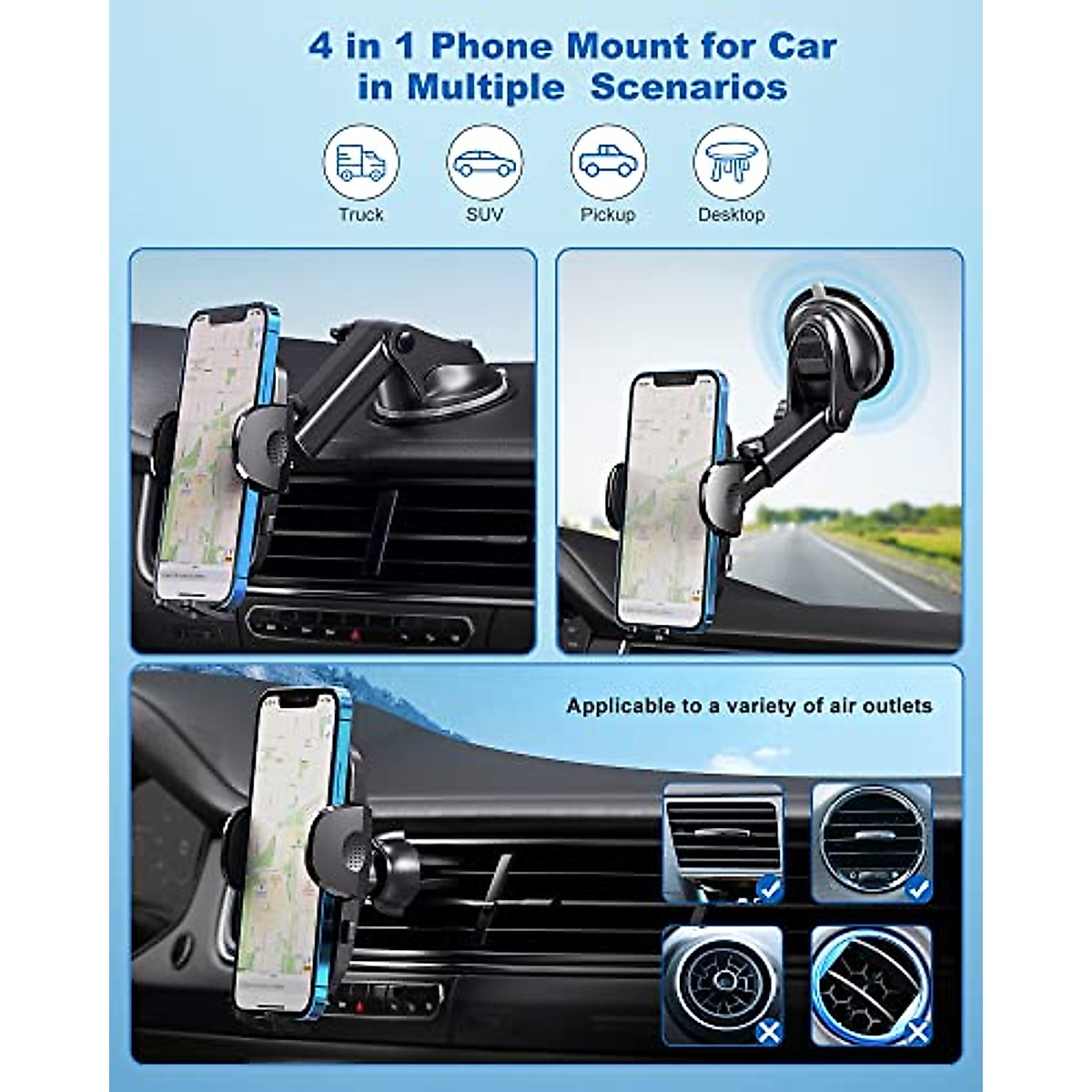Decvamix Phone Mount for Car [Sturdiness & Flexible Arm] Hands Free Durable Car Phone Holder Mount Big Phone & Thick Case Friendly Dashboard Air Vent Windshield Compatible iPhone Samsung Galaxy Moto