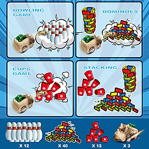 3 in 1 Mini Dino Car Game, Dominoes, Bowling Balls, Stacking Cups & Dinosaur Vehicles Targeting Board Games, Desktop Toys Play Set for Family & Party