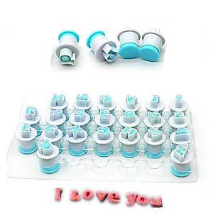 Small Letter Stamp Cookie Cutters Set of 26 pcs, Mini Lowercase Alphabet Spring Stamping Cutters Food Grade Plastic Direct Embossing Fondant Stamper Set for Cake Pastry Baking DIY (White & Blue)