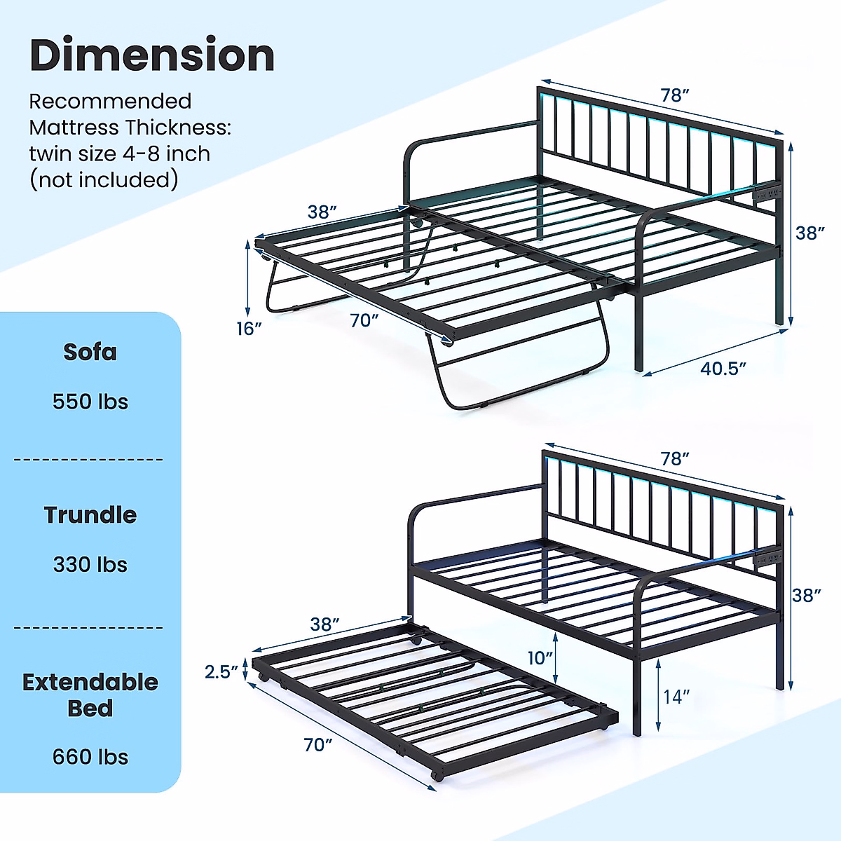 Giantex Twin Daybed with Trundle, Metal Day Bed with Charging Station & LED Lights, Sofa Bed Frame with Pop up Trundle, Metal Slats Support, Trundle Bed Twin for Living Room, Guest Room, Black
