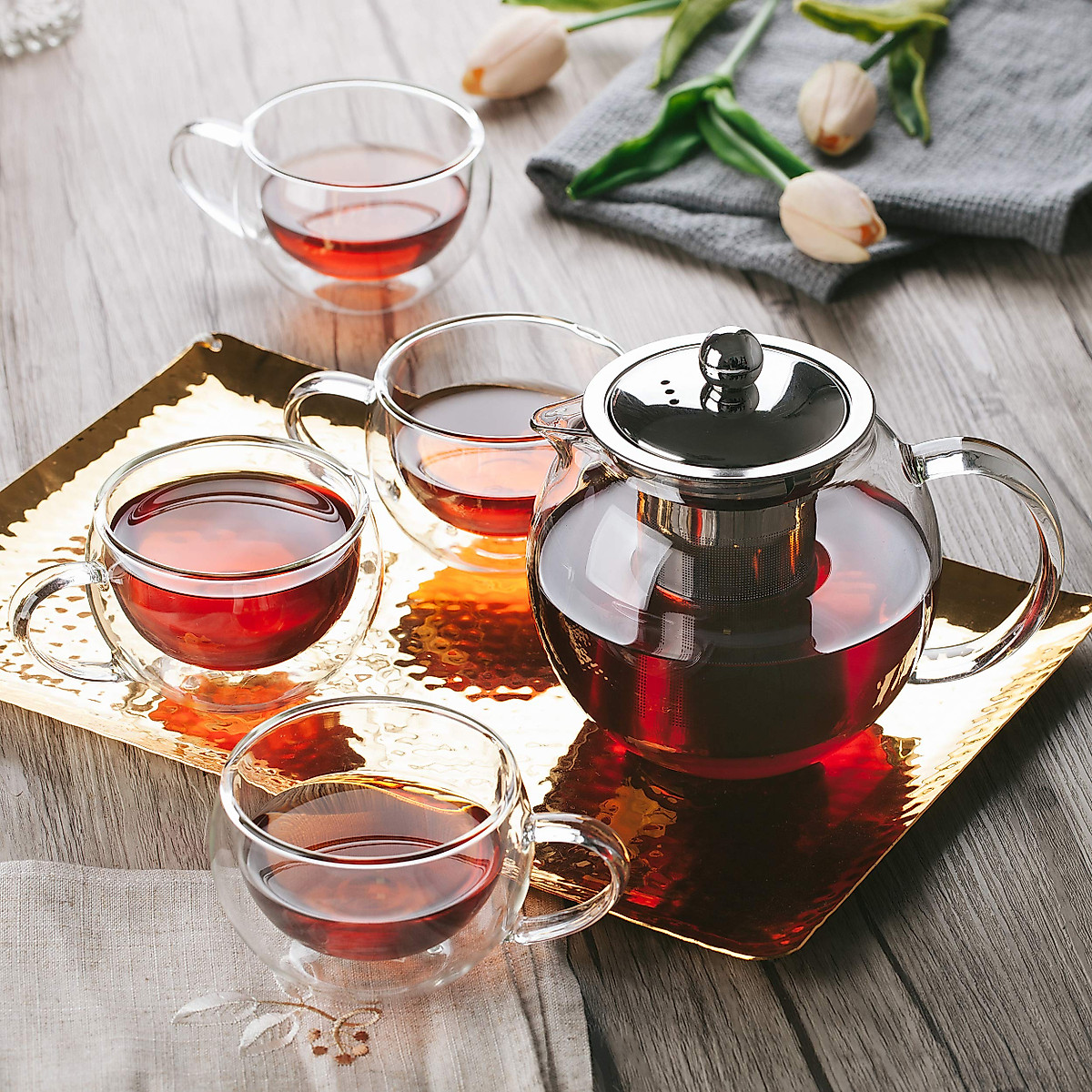 BTaT- Glass Tea Pot Set, Set of 4, Tea Set, Tea Cups, Tea Pot, Glass Tea Cup, Tea Kettles Stovetop, Tea Set for Adults, Glass Tea Kettle, Tea Kettle with Infuser, Double Wall Glass, Glass Tea Mug