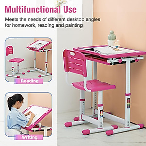 PayLessHere Kids Desk and Chair Set,Height Adjustable Study Desk for Kids with Pull Out Drawer Storage,Multi-function Study Desk and Chair for Writing, Reading and Drawing (Pink)