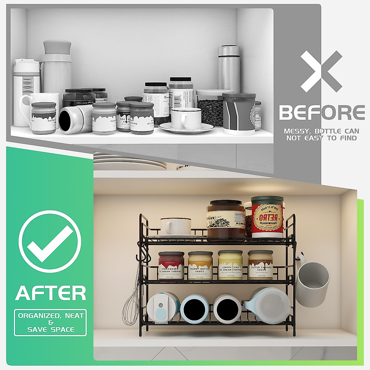 Mefirt Water Bottle Organizer, 3-Tier Water Bottle Holder for Cabinet, Stackable Water Bottle Storage Rack, Soda, Can, Water Bottle Organizer for Cabinet, Kitchen Countertops, Pantry, Fridge (Black)