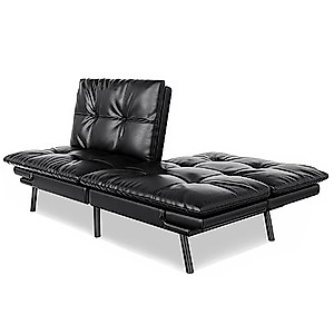 Fangflower Futon Sofa Bed, Faux Leather Memory Foam Couch, Foldable Convertible Sleeper Loveseat, Daybed for Living Room, Black