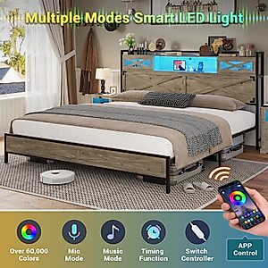 Hasuit Farmhouse Bed Frame King Size with LED Lights and Charging Station, Rustic Platform King Bed with Storage Headboard with Sliding Barn Door, No Box Spring Needed, Rustic Oak