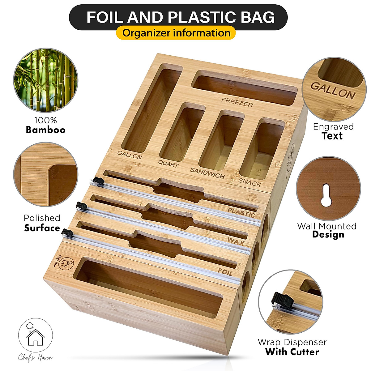 Chef's Haven 9 IN 1 Storage Bag Organizer, Foil and Plastic Wrap Organizer with Cutters, Bamboo Kitchen Baggie Organizer for Drawer, Pantry & Countertop, Storage for Gallon, Quart, Sandwich, Snack Bag