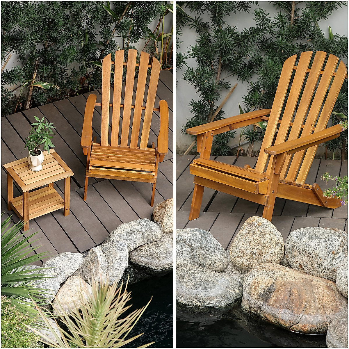 VICTORY RELAX Collapsible Adirondack Chair, 440 LBS Ergonomic Wooden Patio Armchairs with Waterproof and UV Protection Coating, Recliner Chair for Deck, Lawn, Backyard, Garden, Poolside, Fire Pit