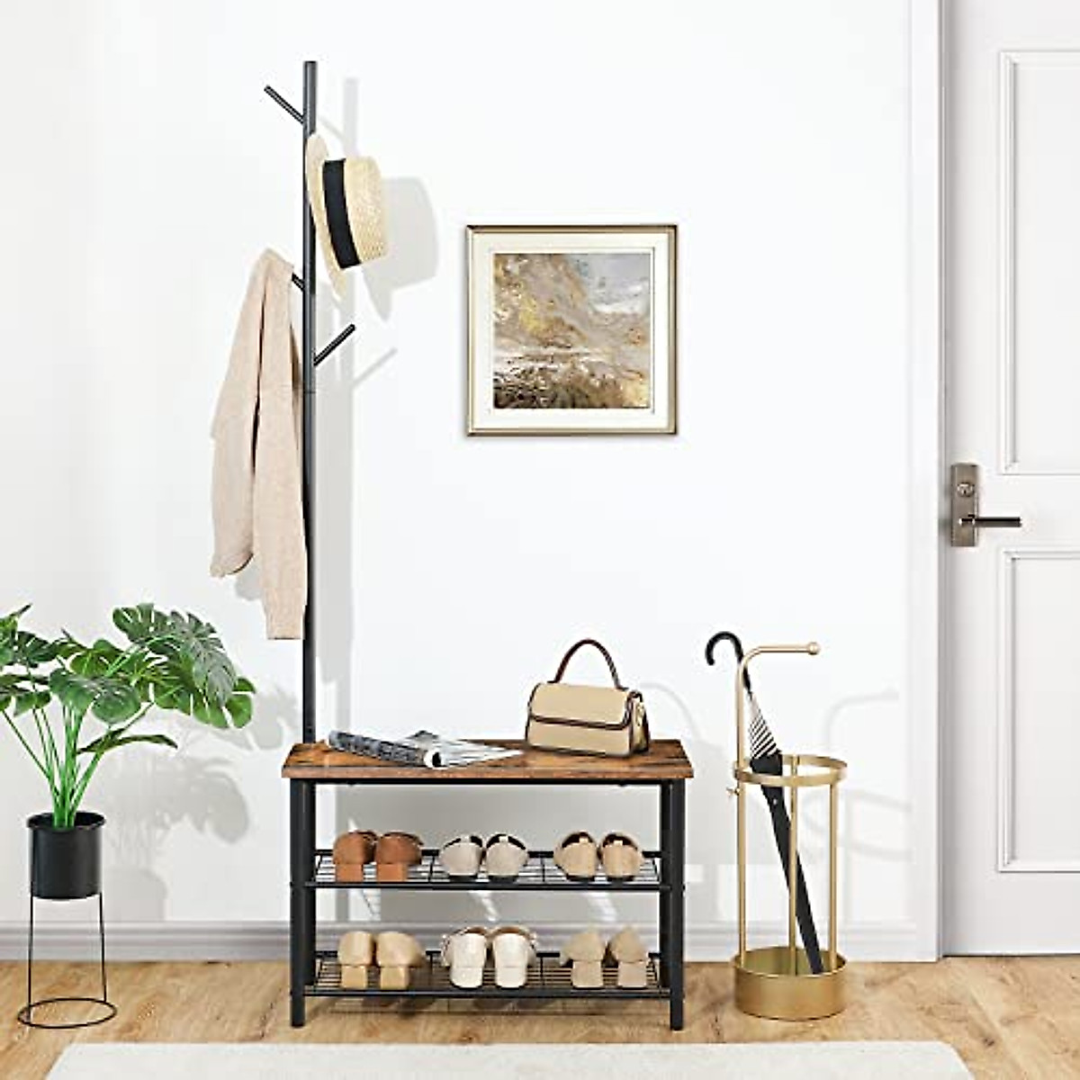 HOOBRO Shoe Bench, 28.3" Entryway Storage Bench with Coat Rack, 3-Tier Shoe Rack with Metal Mesh Shelves, Mudroom Bench, 4 in 1 Rustic Bench for Hallway, Foyer, Doorway, Bedroom BF12HX01