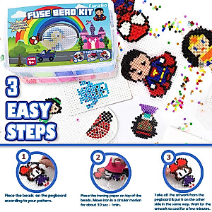 FunzBo Fuse Beads for Kids Craft Art - 106 Patterns Fusebead Melty Fusion Colored Arts and Crafts Set for Boys Girls Age 4 5 6 7 8 Year Old Classroom (Mega)
