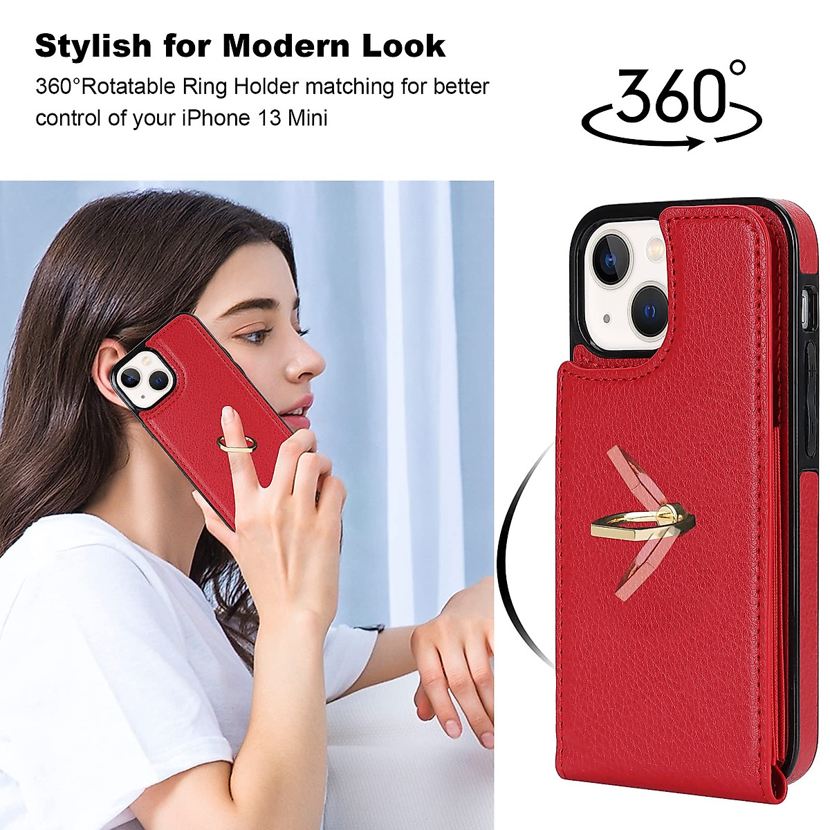 Folosu Compatible with iPhone 13 Mini Case Wallet with Card Holder, 360°Rotation Finger Ring Holder Kickstand Protective RFID Blocking PU Leather Double Buttons Flip Shockproof Cover 5.4 Inch Red