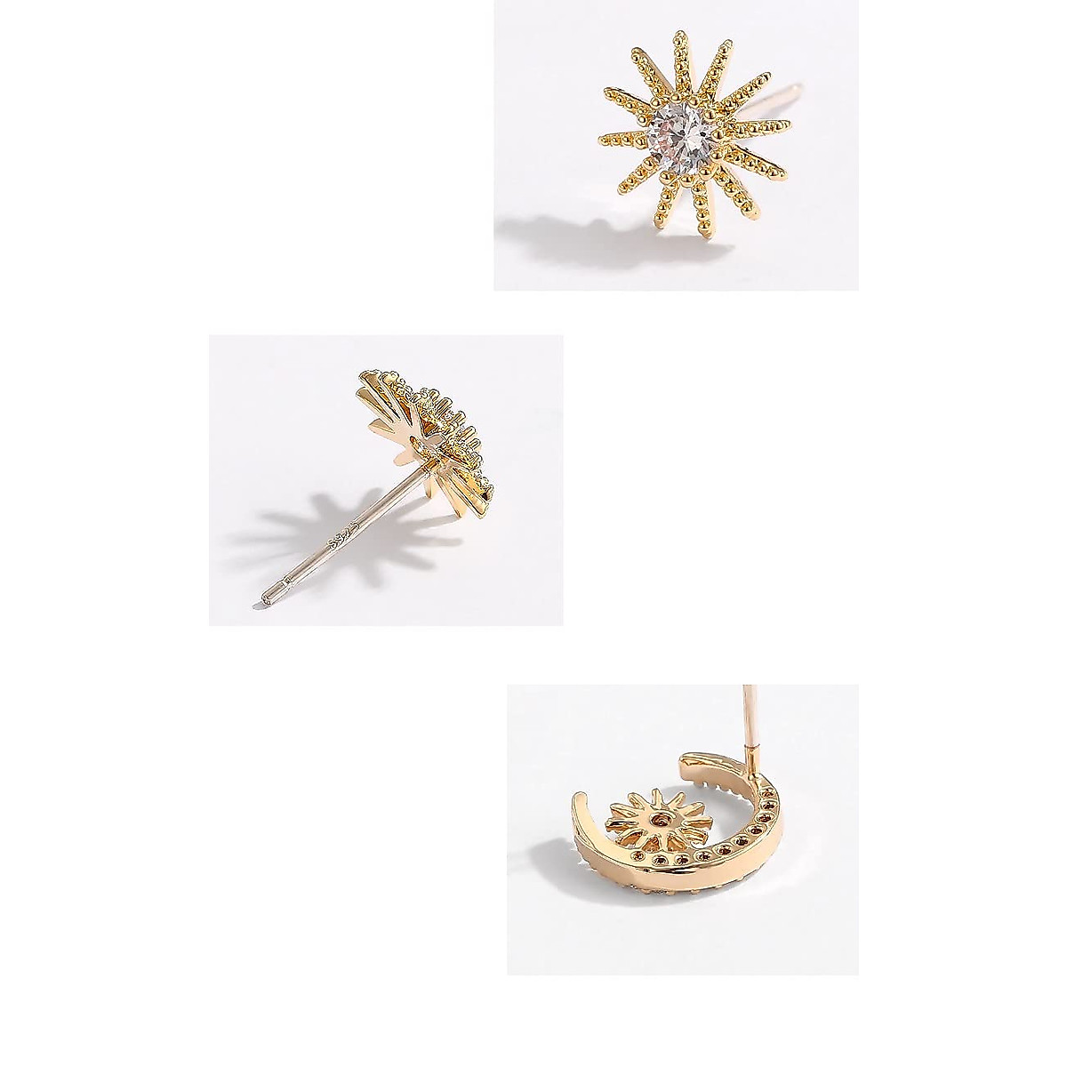 Golden Star Crescent Moon Stud Earrings S925 Silver Clear CZ Sun Ear Studs Piercing Earring Set for Women Girls