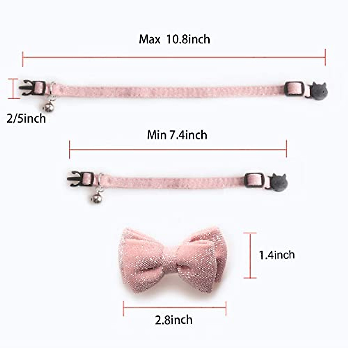 Cat Collar Breakaway with Bowtie Bell, Pink Bling Kitten Collar with Removable Cat Bow Tie Collar for Kitty Cat (7.4-10.8 inch)